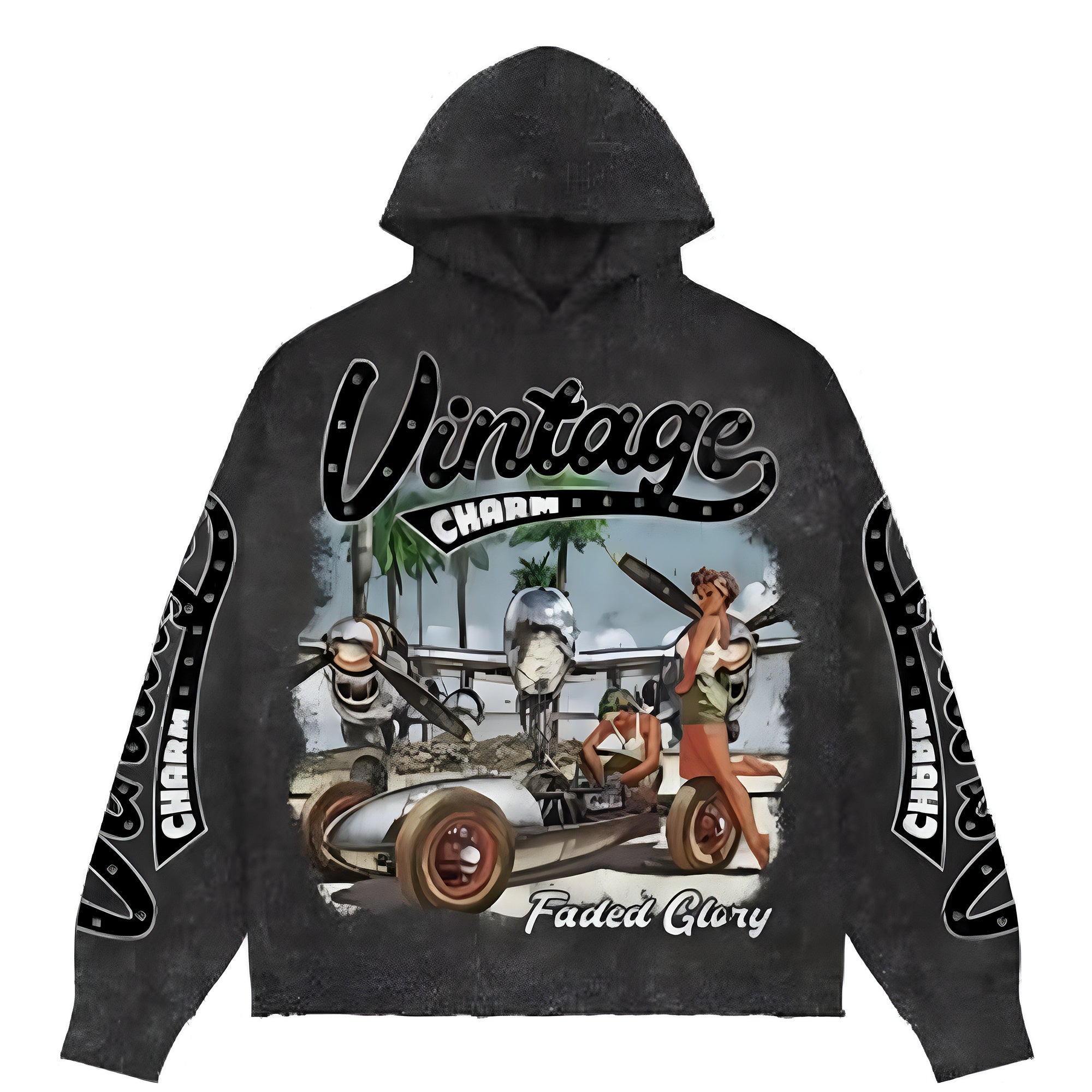 Roku Studio Men Vintage Charm Enzyme Cropped Fleece Hoody (Washed Blac ...